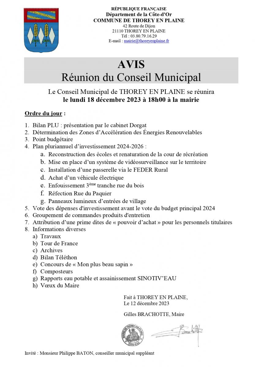 Avis du Conseil Municipal du 18 décembre 2023 | Thorey en Plaine
